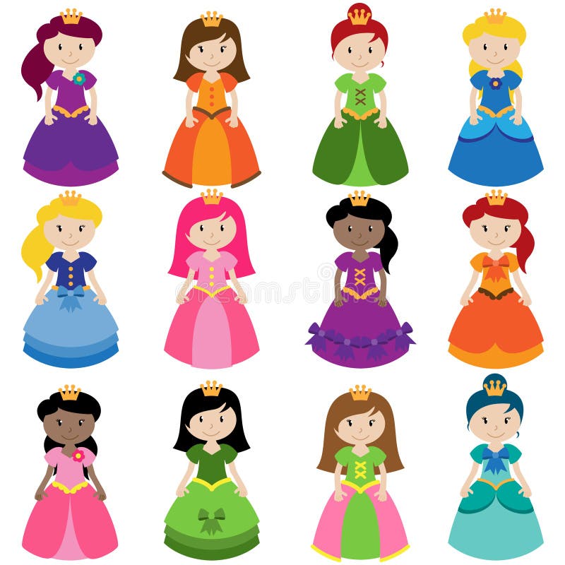 Cartoon Beautiful Princess Icons Set Stock Vector Illustration Of