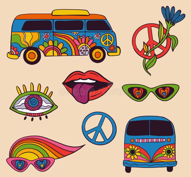 Vector Collection of Retro Colorful Stickers in Psychedelic 1970s Style ...