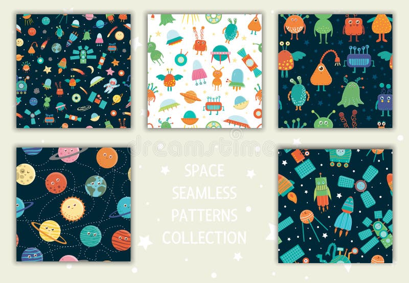 Vector Collection of Space Seamless Patterns. Bright and Cheerful ...