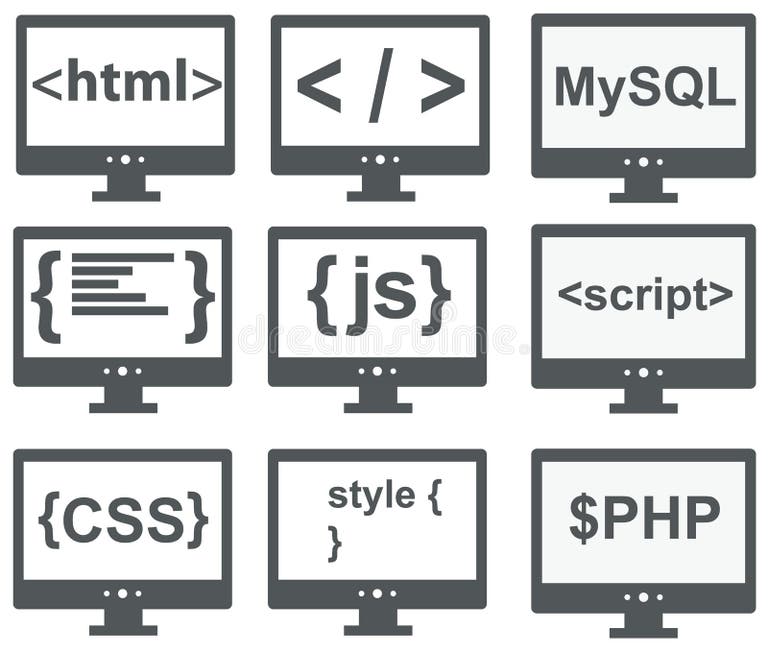 Vector Collection of Web Development Icons: Html, Css, Tag, Mysql, Curves, Php, Script, Style ...