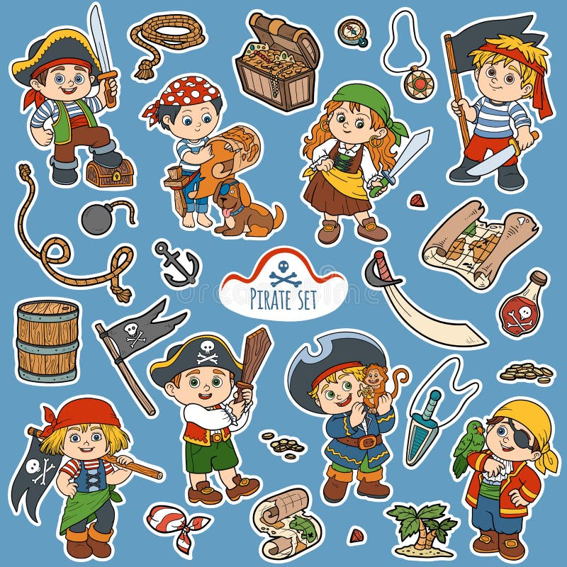 Vector Color Set of Pirate Items, and Characters of Pirates Stock ...