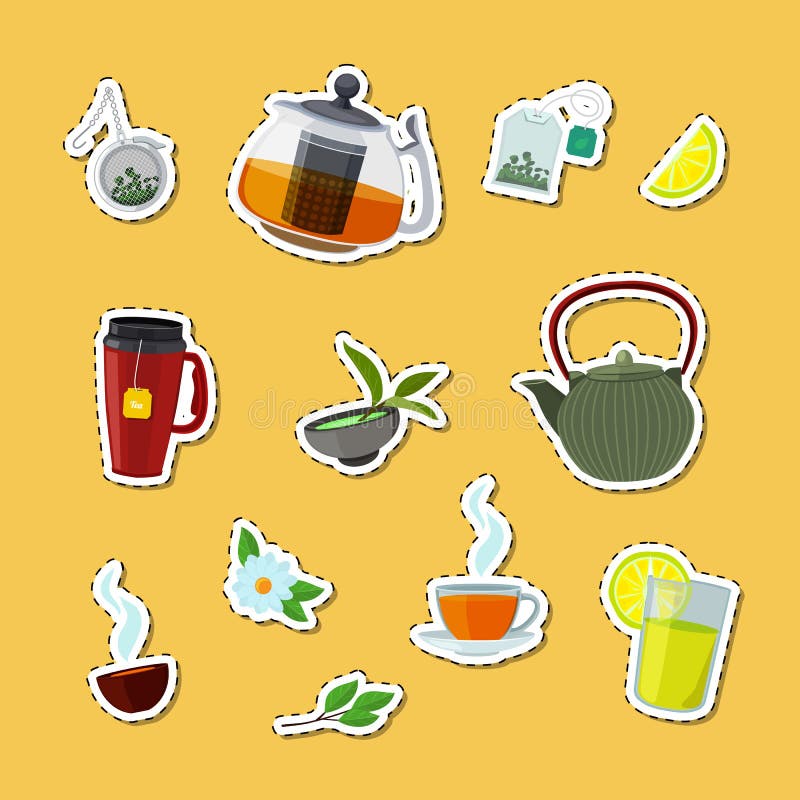 Vector Cartoon Tea Kettles and Cups Stickers Set Illustration Stock ...