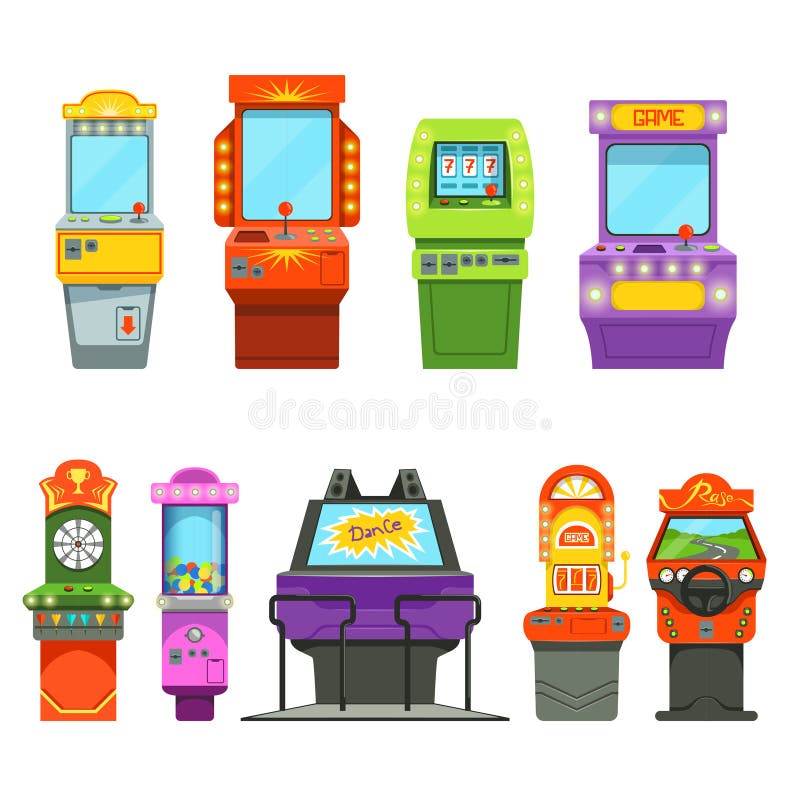 Vector Colored Illustrations of Games Machines. Driving Simulator and ...