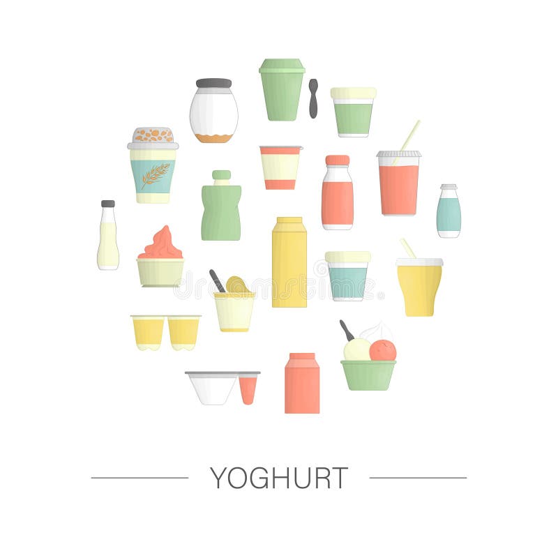 Vector Colored Set of Different Kinds of Yoghurt Framed in Circle Stock ...