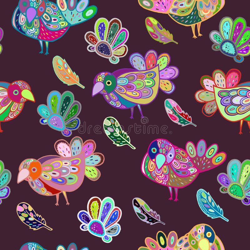 Vector Colorful Decorative Birds Seamless Pattern with Feathers. Hand ...