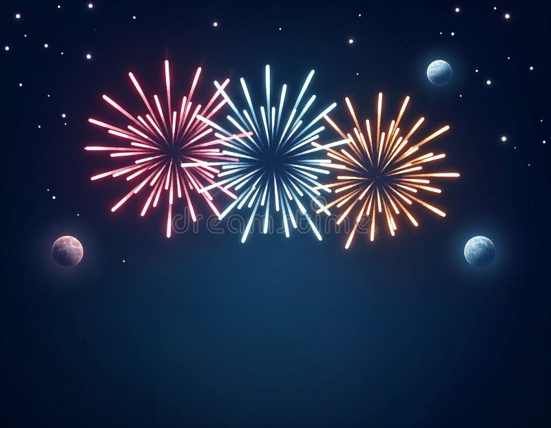 Vector of Colorful Fireworks Display with the Moon and Stars Sparkling ...