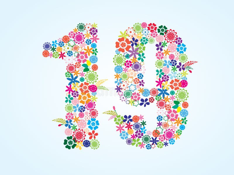 Vector Colorful Floral 19 Number Design Isolated on White Background ... Vector Colorful Floral 19 Number Design Isolated on White Background ...