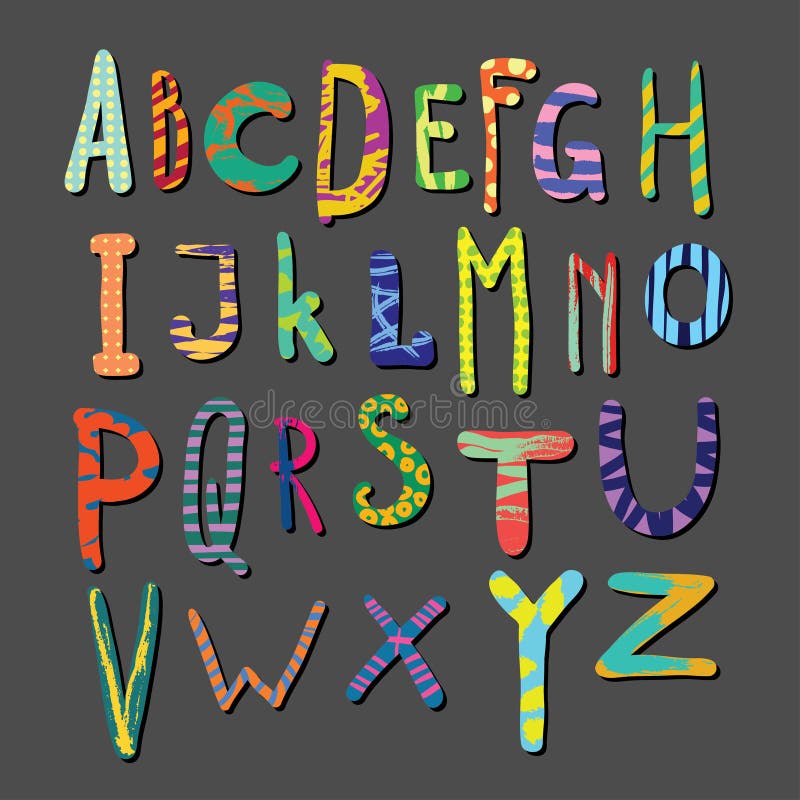 Vector Colorful Hand Drawn Alphabet. Letters with Patterns. Typeface ...