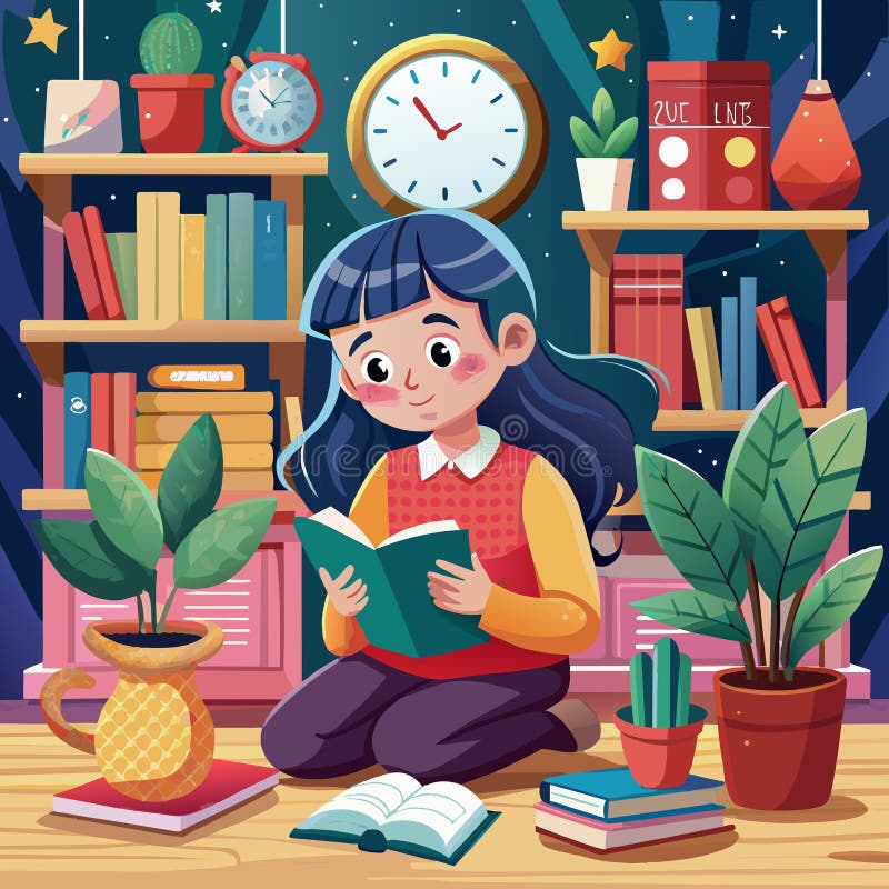 Girl Devoted Reading Office Clock Vector Stock Vector - Illustration of ...
