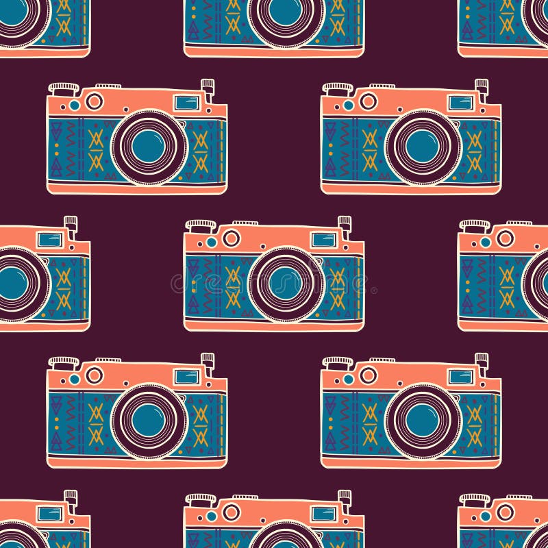 Vector Colorful Vintage Seamless Pattern with Retro Cameras Stock ...