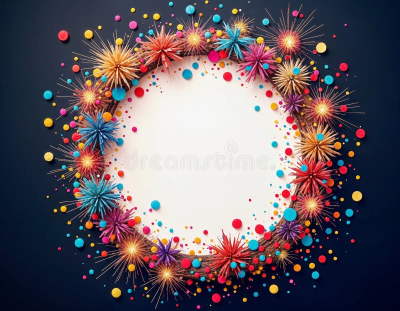 Vector of a Colorful Wreath with Fireworks and a Circle of Sparkles ...