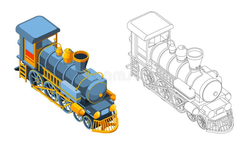 Vector Coloring Page with 3d Model Train. Isometric Front View.Vintage ...