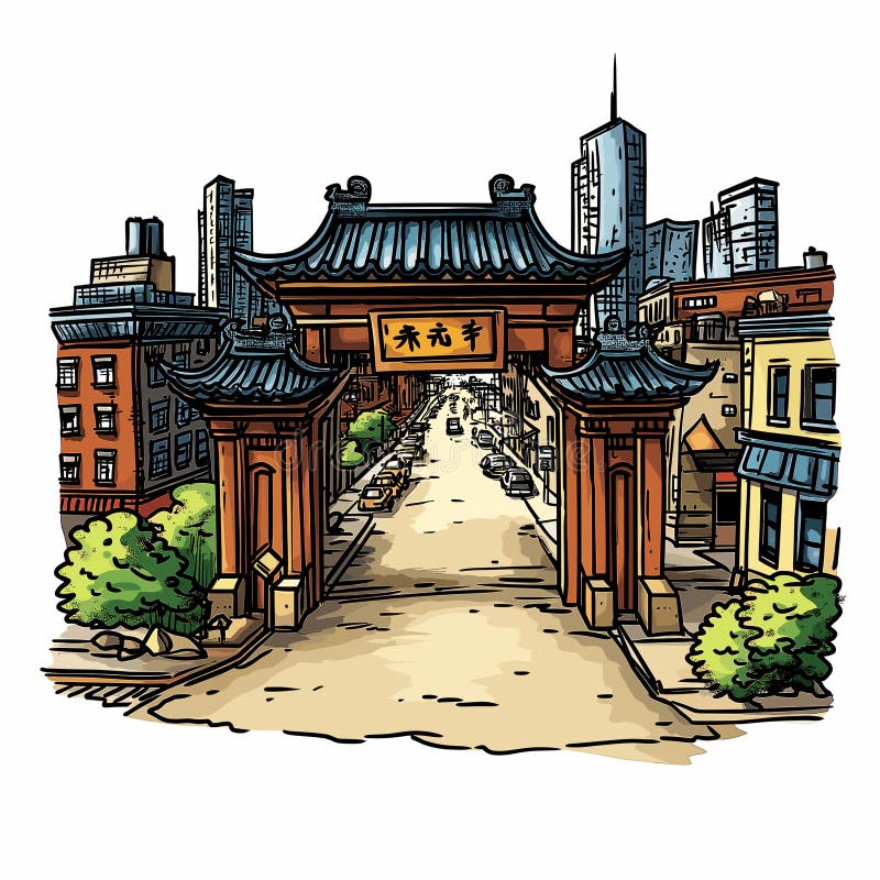 Vector Comic Hand-drawn Illustration of Chinatown Gate. Chinatown Gate ...