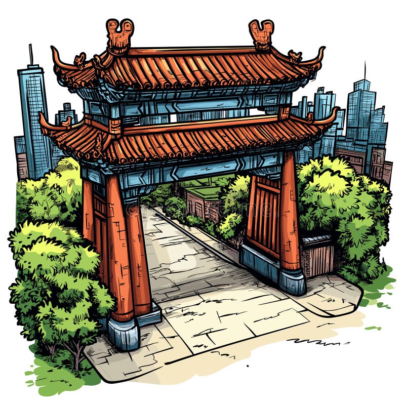 Vector Comic Hand-drawn Illustration of Chinatown Gate. Chinatown Gate ...