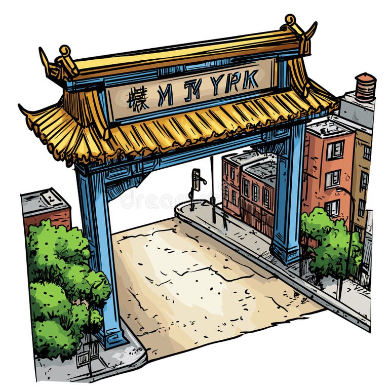 Vector Comic Hand-drawn Illustration of Chinatown Gate. Chinatown Gate ...