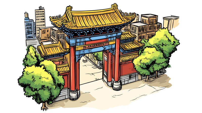Vector Comic Hand-drawn Illustration of Chinatown Gate. Chinatown Gate ...