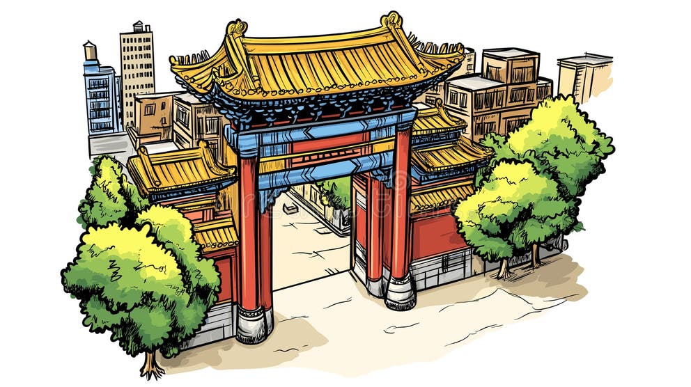 Vector Comic Hand-drawn Illustration of Chinatown Gate. Chinatown Gate ...