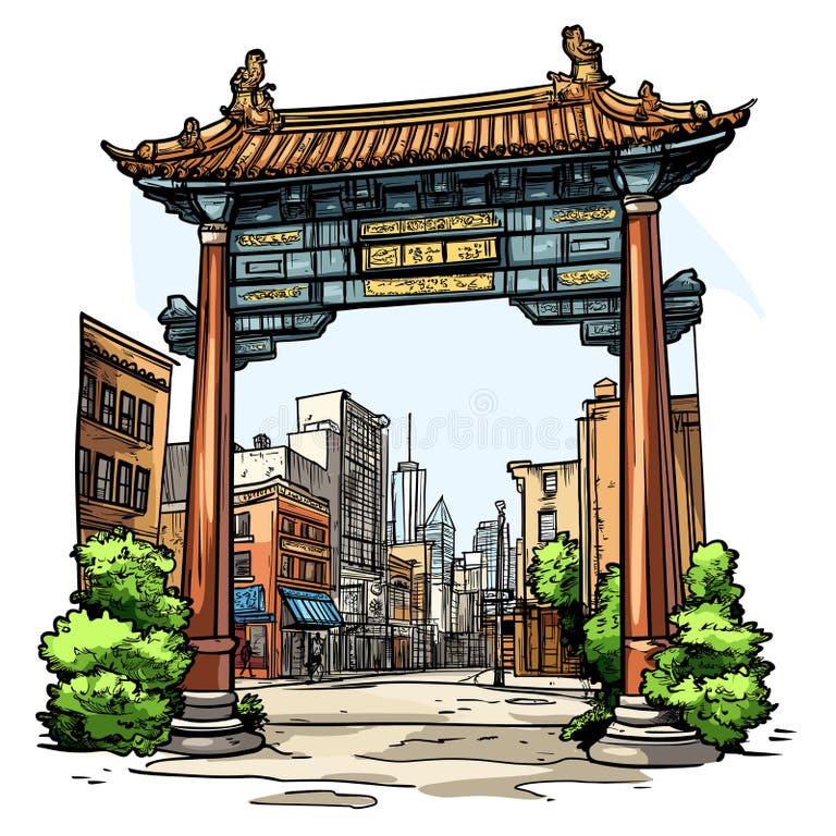 Vector Comic Hand-drawn Illustration of Chinatown Gate. Chinatown Gate ...
