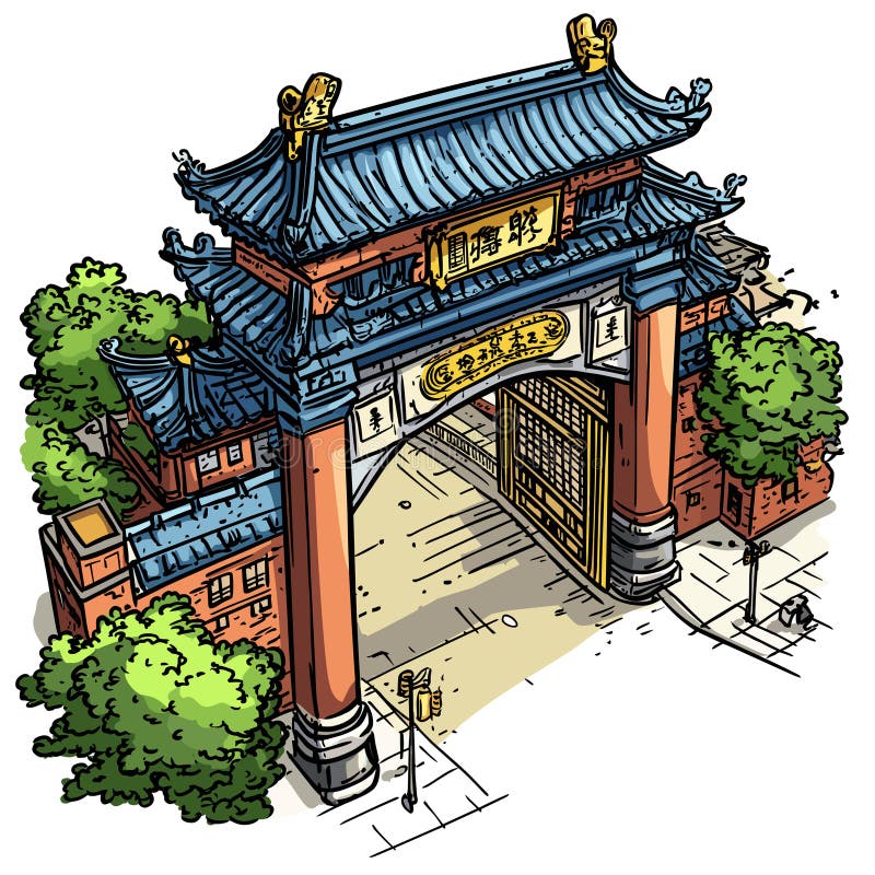 Vector Comic Hand-drawn Illustration of Chinatown Gate. Chinatown Gate ...