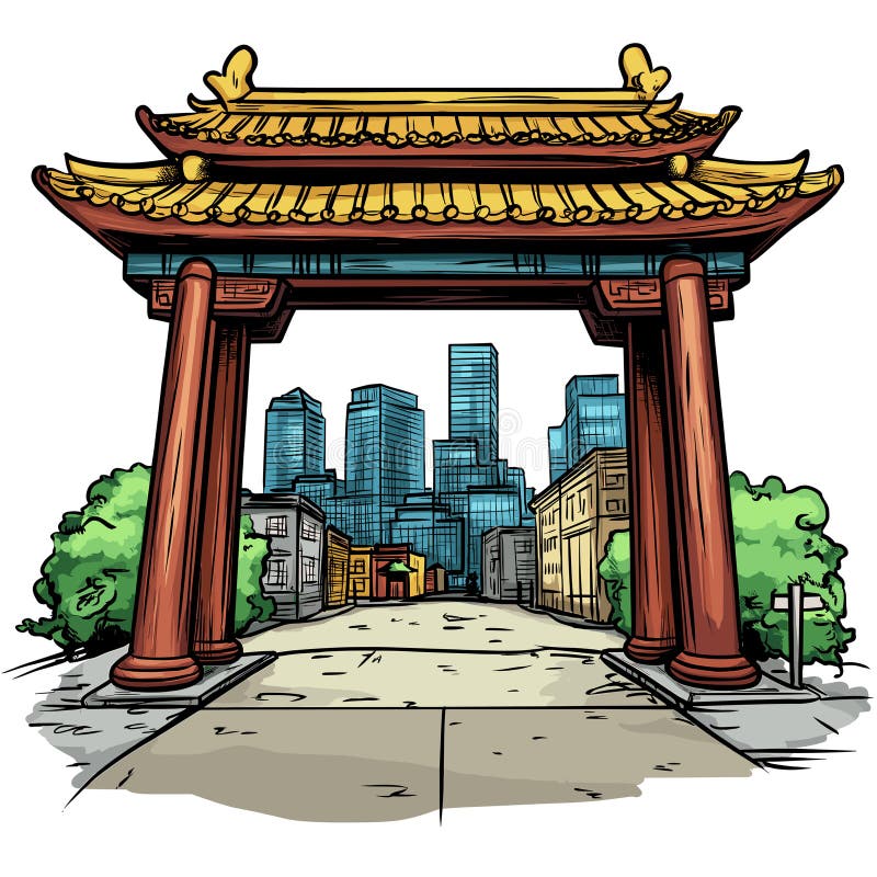 Vector Comic Hand-drawn Illustration of Chinatown Gate. Chinatown Gate ...