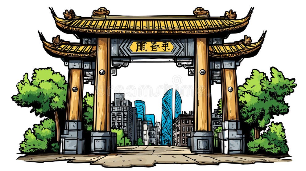 Vector Comic Hand-drawn Illustration of Chinatown Gate. Chinatown Gate ...