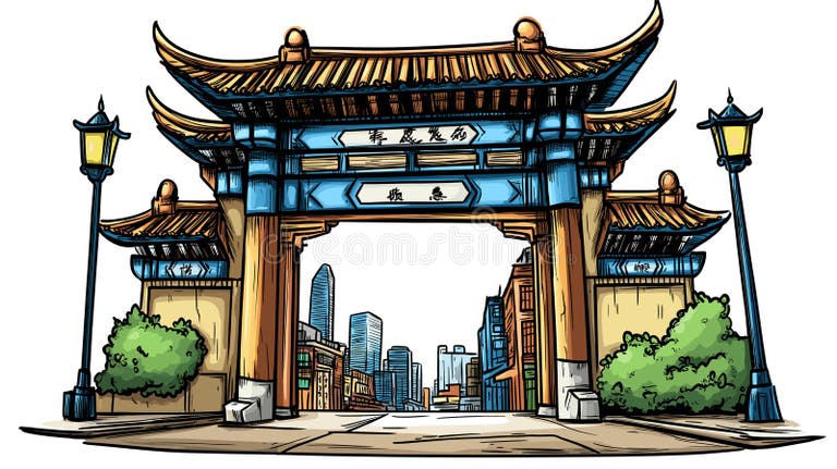 Vector Comic Hand-drawn Illustration of Chinatown Gate. Chinatown Gate ...