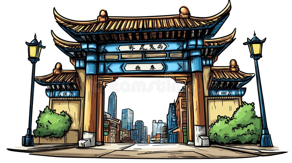 Vector Comic Hand-drawn Illustration of Chinatown Gate. Chinatown Gate ...