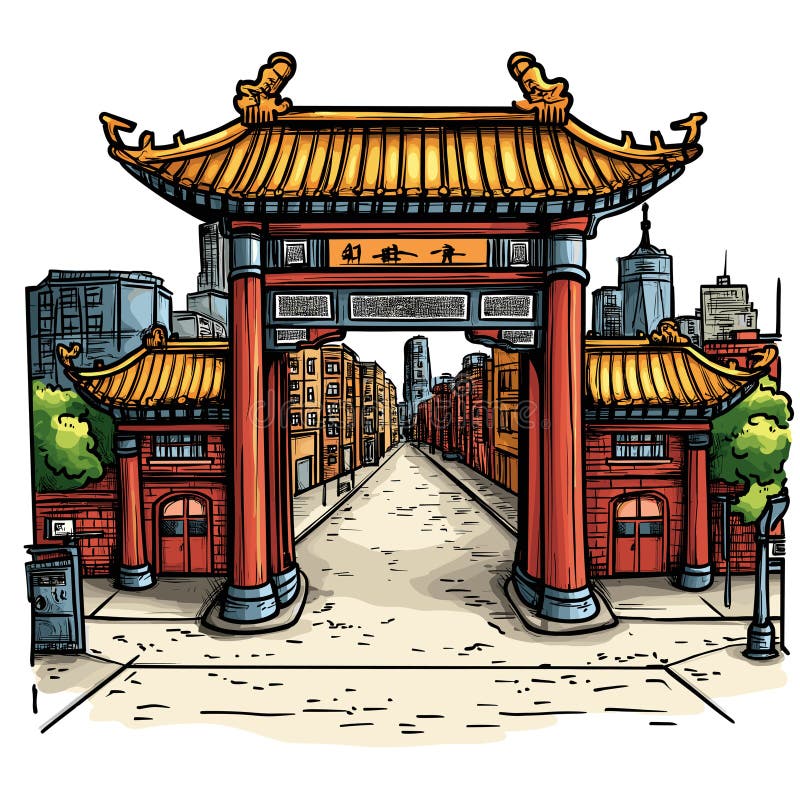 Vector Comic Hand-drawn Illustration of Chinatown Gate. Chinatown Gate ...