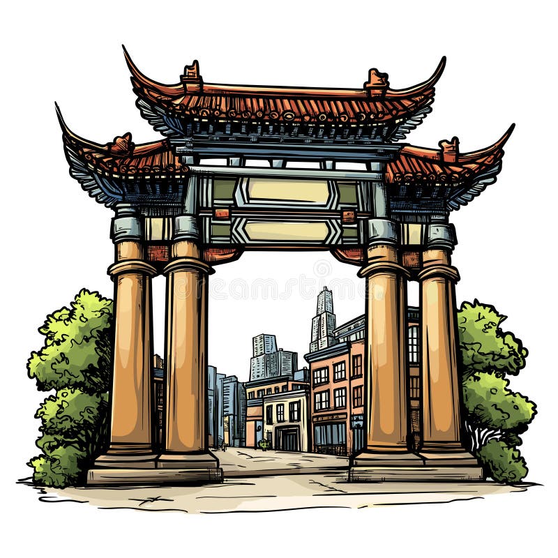 Vector Comic Hand-drawn Illustration of Chinatown Gate. Chinatown Gate ...