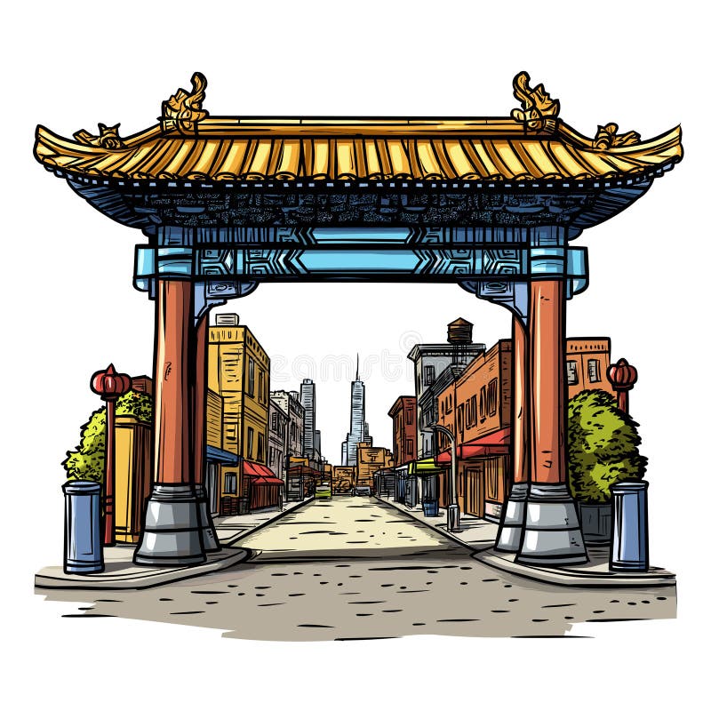 Vector Comic Hand-drawn Illustration of Chinatown Gate. Chinatown Gate ...