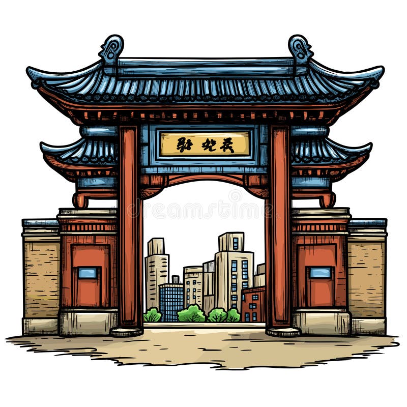 Vector Comic Hand-drawn Illustration of Chinatown Gate. Chinatown Gate ...