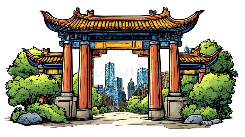 Vector Comic Hand-drawn Illustration of Chinatown Gate. Chinatown Gate ...