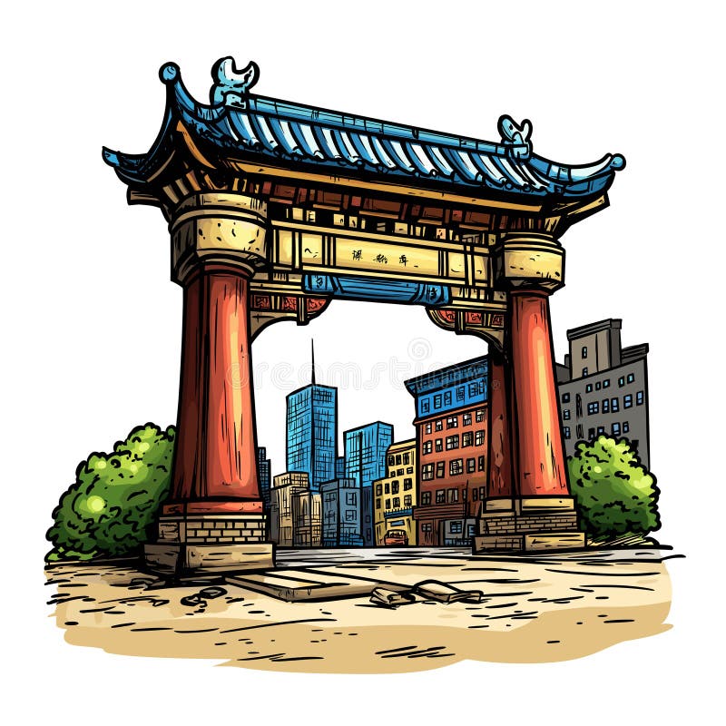 Vector Comic Hand-drawn Illustration of Chinatown Gate. Chinatown Gate ...