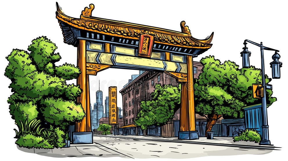 Vector Comic Hand-drawn Illustration of Chinatown Gate. Chinatown Gate ...
