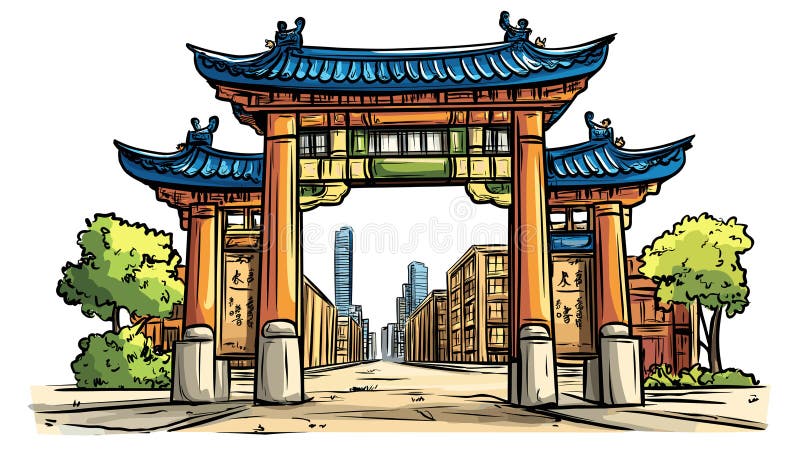 Vector Comic Hand-drawn Illustration of Chinatown Gate. Chinatown Gate ...