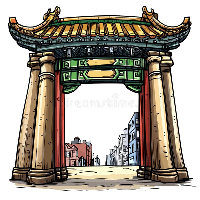 Vector Comic Hand-drawn Illustration of Chinatown Gate. Chinatown Gate ...