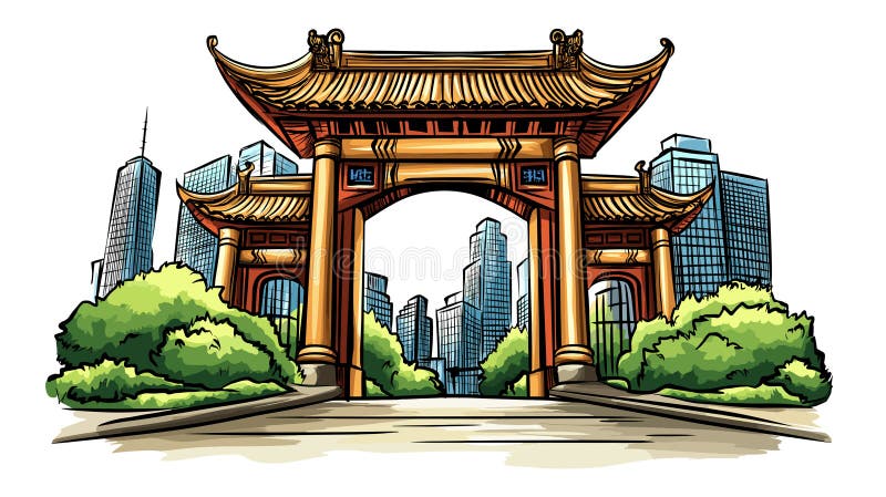 Vector Comic Hand-drawn Illustration of Chinatown Gate. Chinatown Gate ...