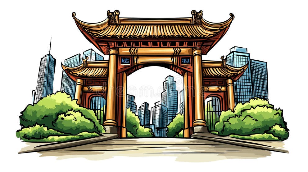 Vector Comic Hand-drawn Illustration of Chinatown Gate. Chinatown Gate ...