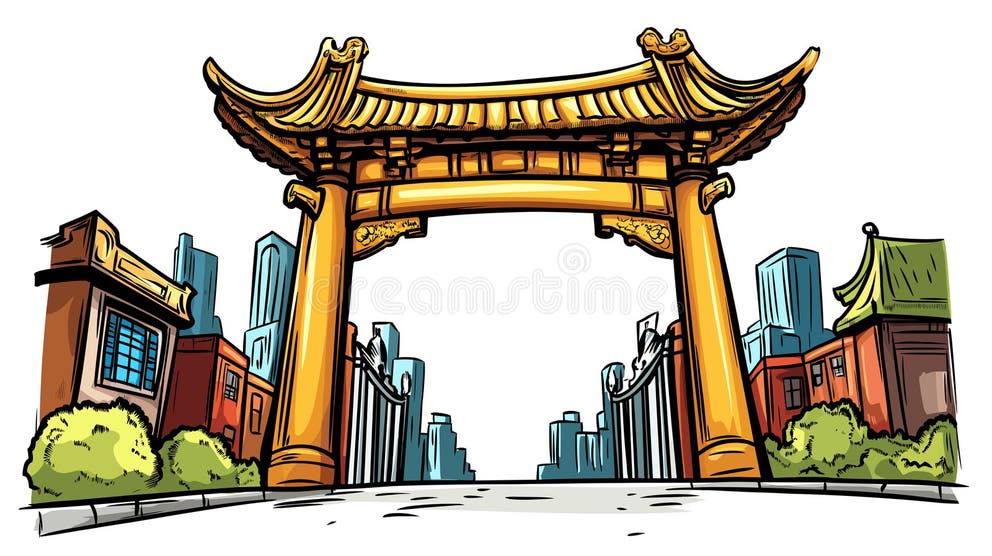 Vector Comic Hand-drawn Illustration of Chinatown Gate. Chinatown Gate ...