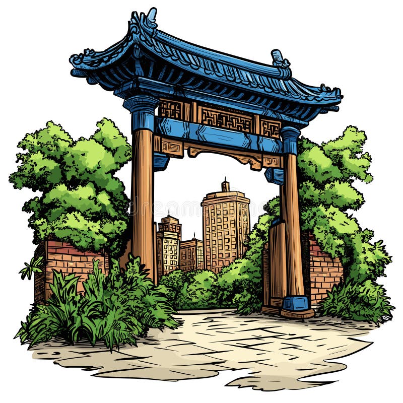 Vector Comic Hand-drawn Illustration of Chinatown Gate. Chinatown Gate ...