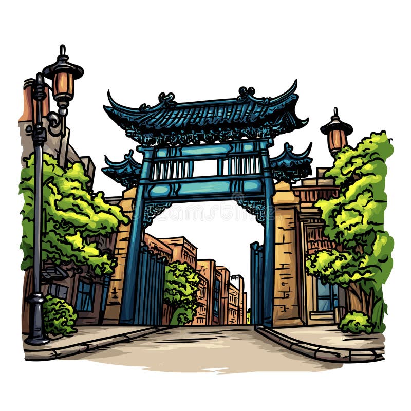 Vector Comic Hand-drawn Illustration of Chinatown Gate. Chinatown Gate ...