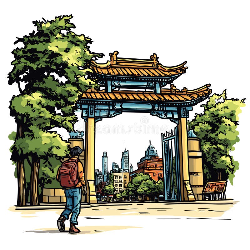 Vector Comic Hand-drawn Illustration of Chinatown Gate. Chinatown Gate ...