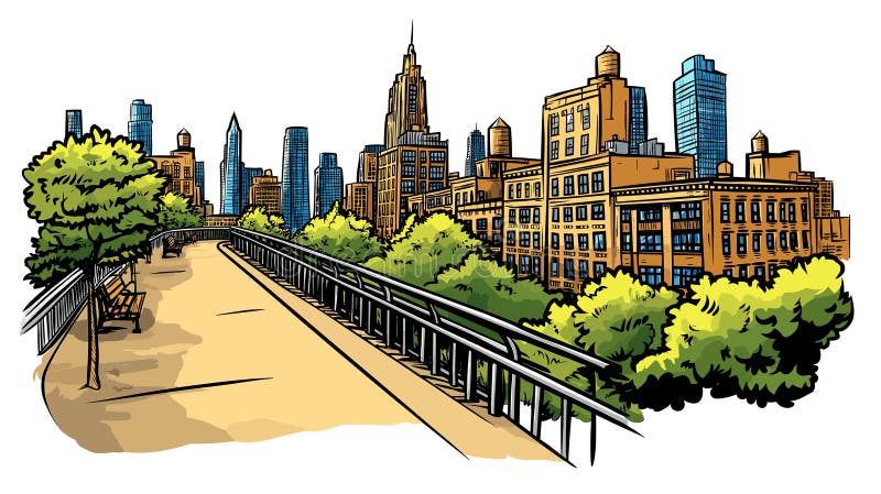 Vector Comic Hand-drawn Illustration of High Line Park. High Line Park ...