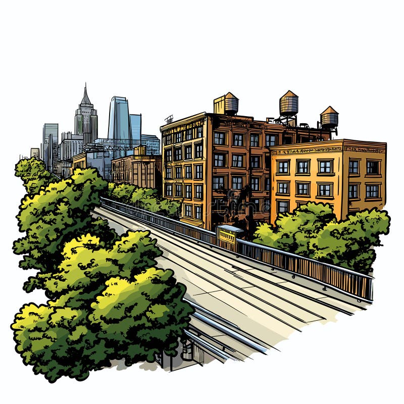 Vector Comic Hand-drawn Illustration of High Line Park. High Line Park ...