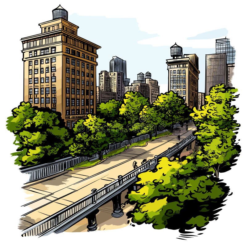 Vector Comic Hand-drawn Illustration of High Line Park. High Line Park ...