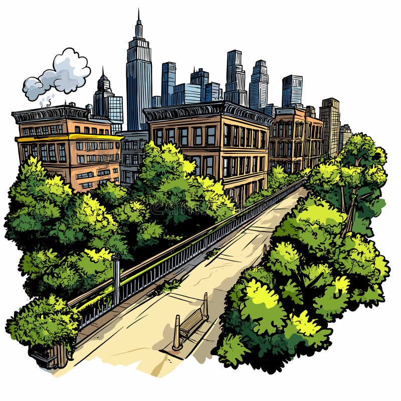 Vector Comic Hand-drawn Illustration of High Line Park. High Line Park ...