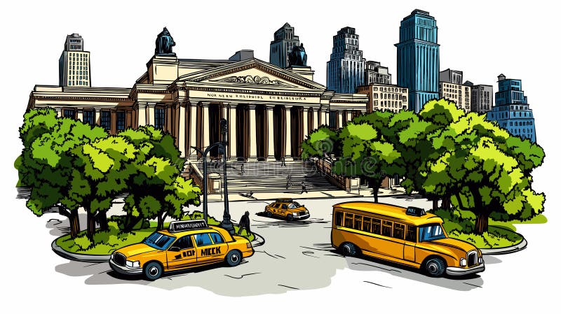 Vector Comic Hand-drawn Illustration of New York Public Library. New ...