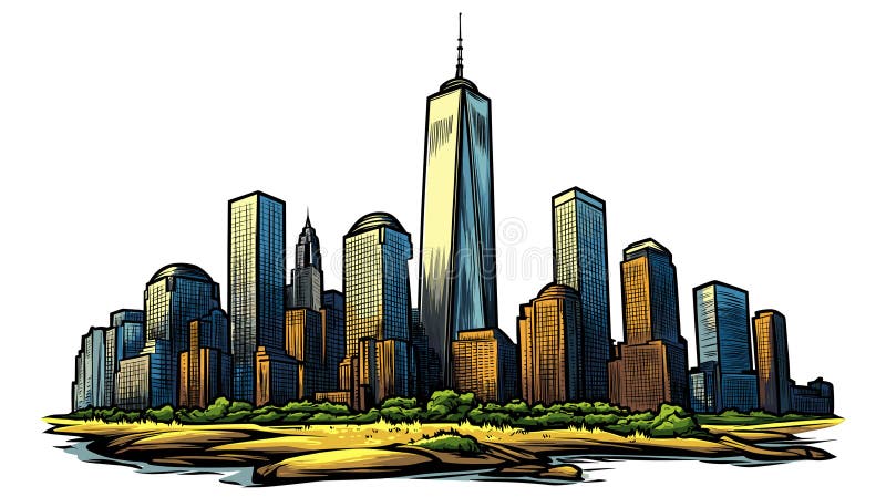 Vector Comic Hand-drawn Illustration of One World Trade Center. One ...