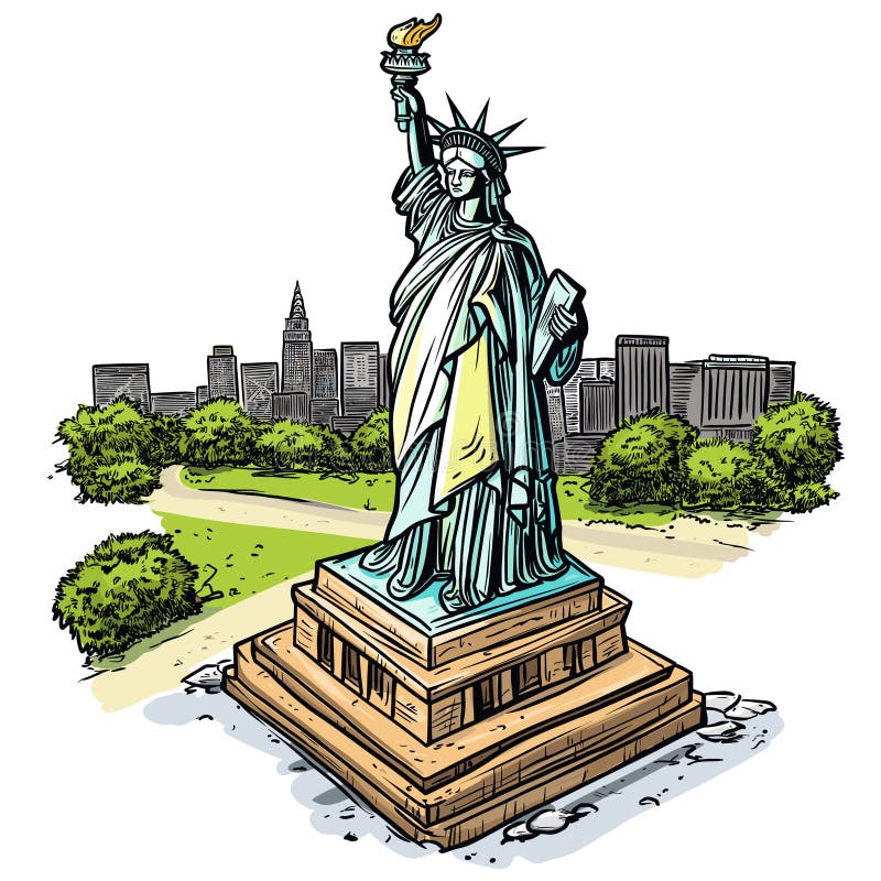 Vector Comic Hand-drawn Illustration of Statue of Liberty. Statue of ...