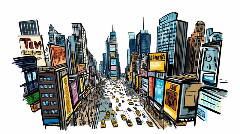 Vector Comic Hand-drawn Illustration of Times Square. Times Square in ...